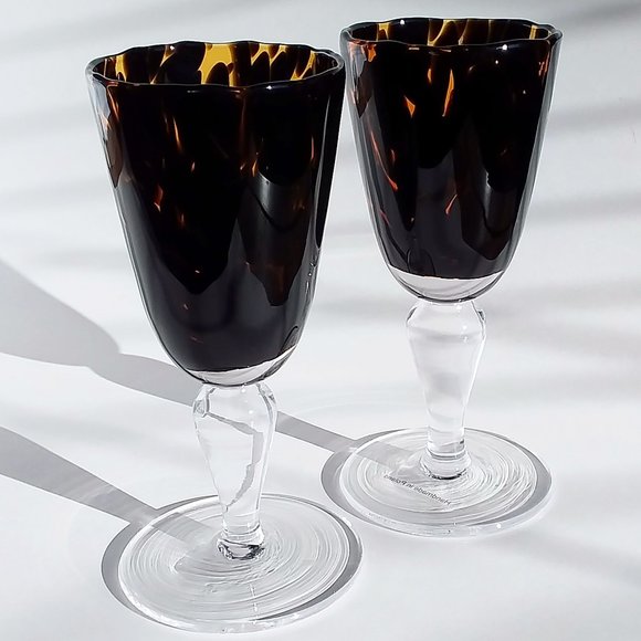 Dining | 2 Hand Blown Glass Goblets Tortoise Shell Scallop Edge Bulbous ...